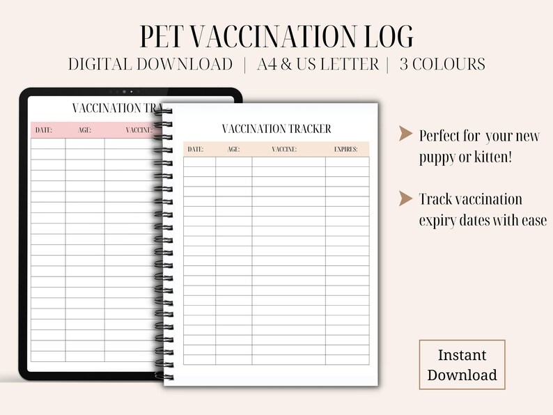 Pet Vaccination Log, Dog Vaccination Tracker, Pet Care Sheet, Printable ...