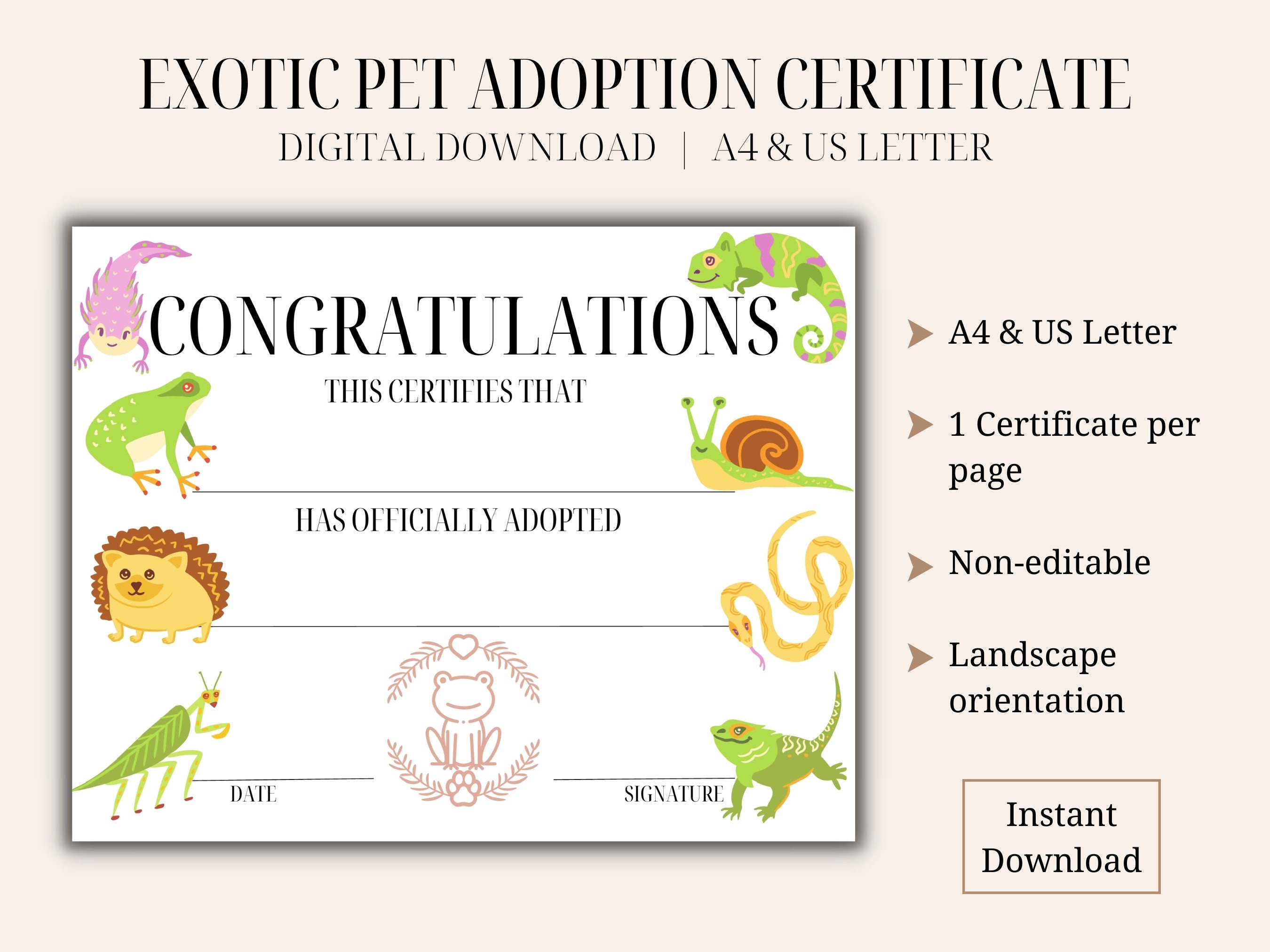 Exotic Pet Adoption Certificate, Digital Pet Certificate, Childrens ...