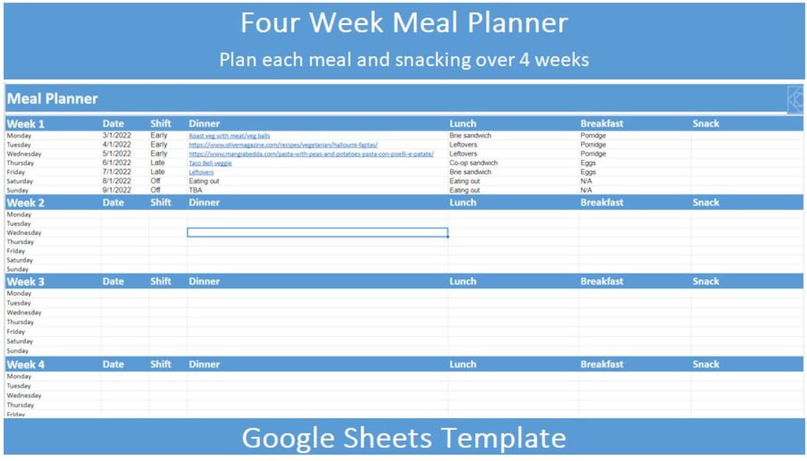 Four Week Meal Planner Template I Meal Perpetration Tool I Google ...