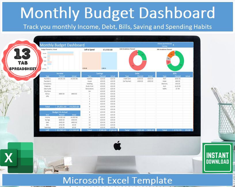 Monthly Budget Dashboard Spreadsheet I Budget Template I Personal ...