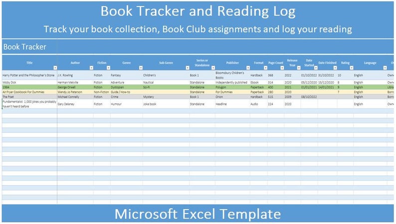 Book Collection I Book Reading Log Tracker Tool Microsoft Excel I - Etsy
