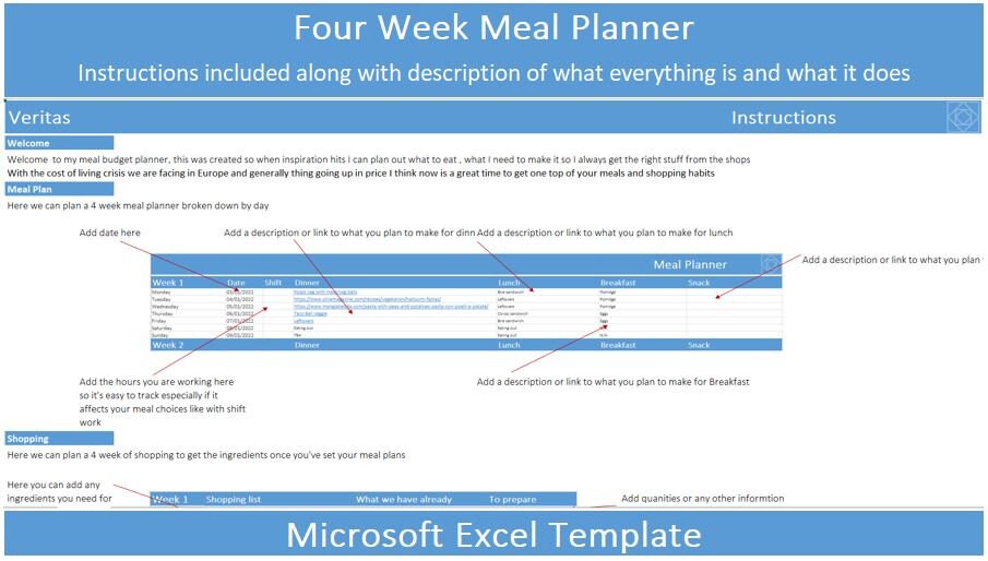 Four Week Meal Planner Template I Meal Preparation Tool I Microsoft ...