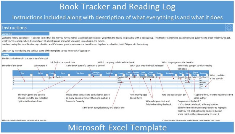 Book Collection I Book Reading Log Tracker Tool Microsoft Excel I - Etsy