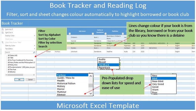 Book Collection I Book Reading Log Tracker Tool Microsoft Excel I - Etsy
