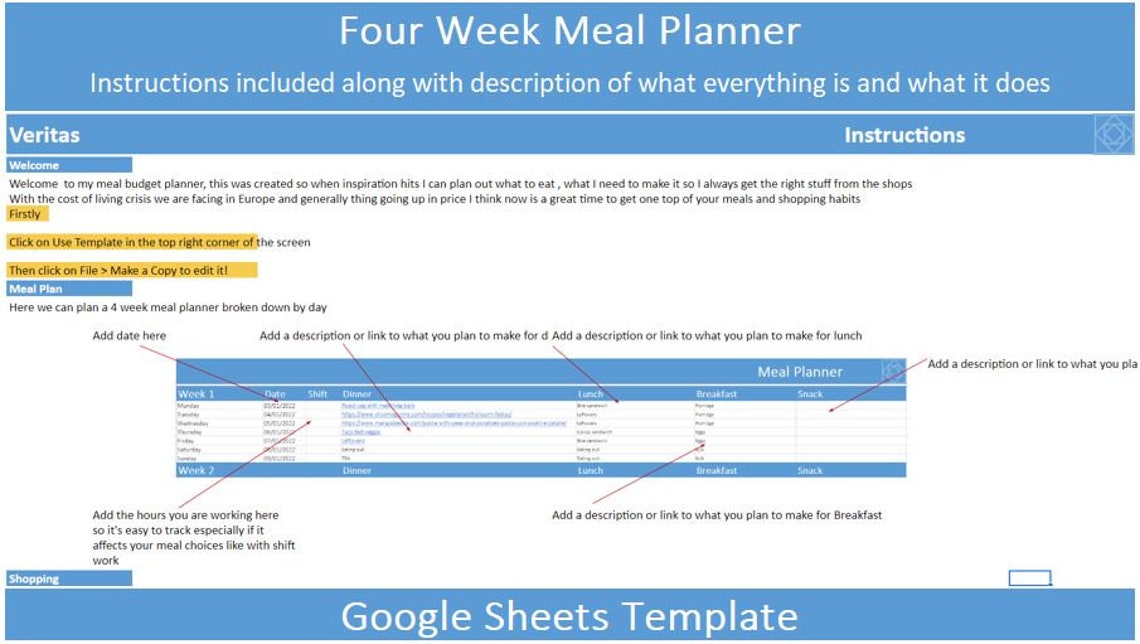 Four Week Meal Planner Template I Meal Perpetration Tool I Google ...