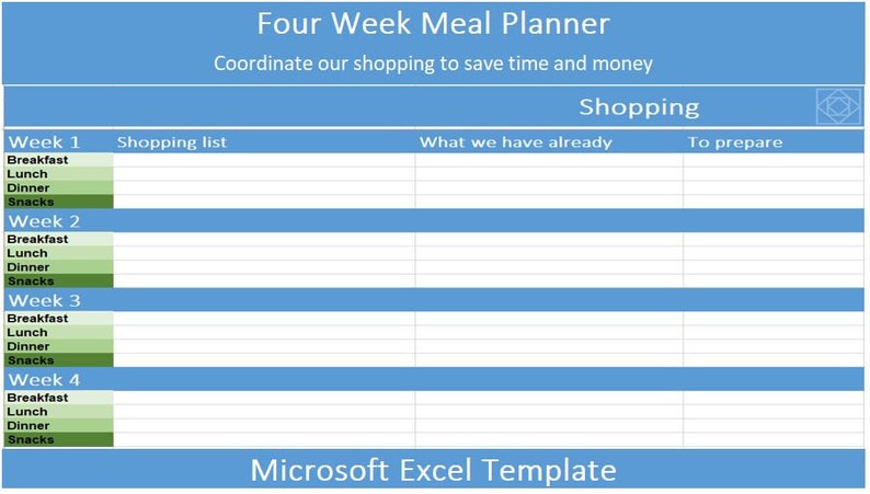 Four Week Meal Planner Template I Meal Preparation Tool I Microsoft ...