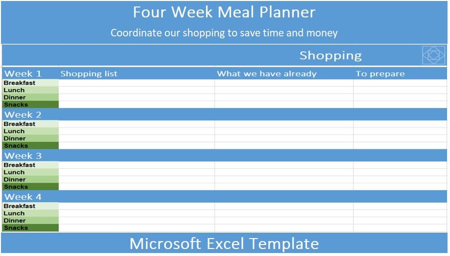Four Week Meal Planner Template I Meal Preparation Tool I Microsoft ...