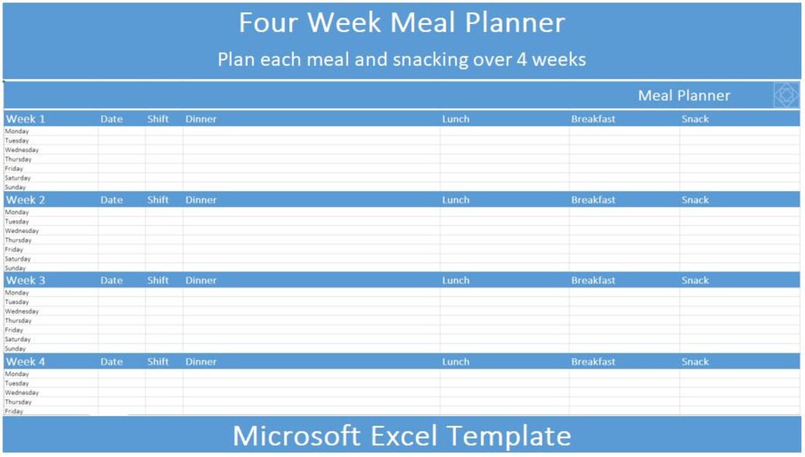 Four Week Meal Planner Template I Meal Preparation Tool I Microsoft ...
