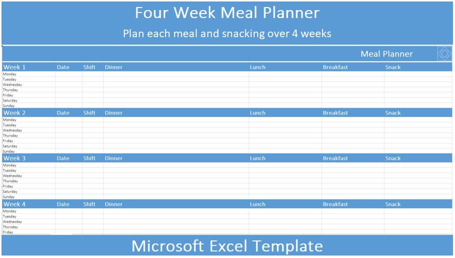 Four Week Meal Planner Template I Meal Preparation Tool I Microsoft ...