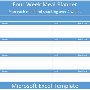 Four Week Meal Planner Template I Meal Preparation Tool I Microsoft ...