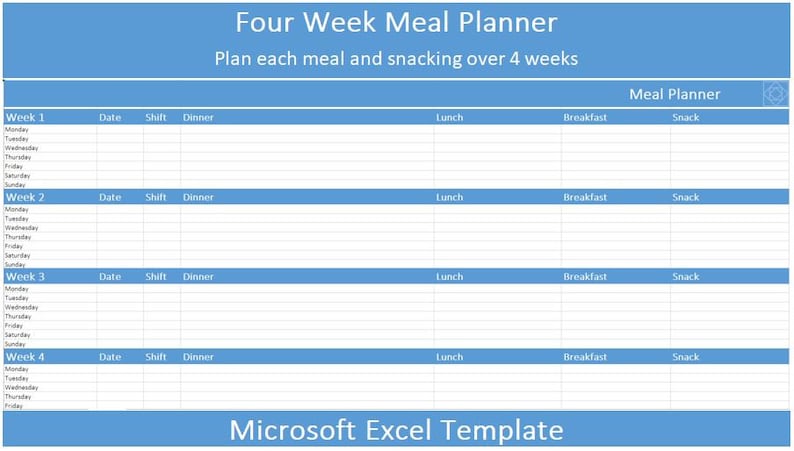 Four Week Meal Planner Template I Meal Preparation Tool I Microsoft ...