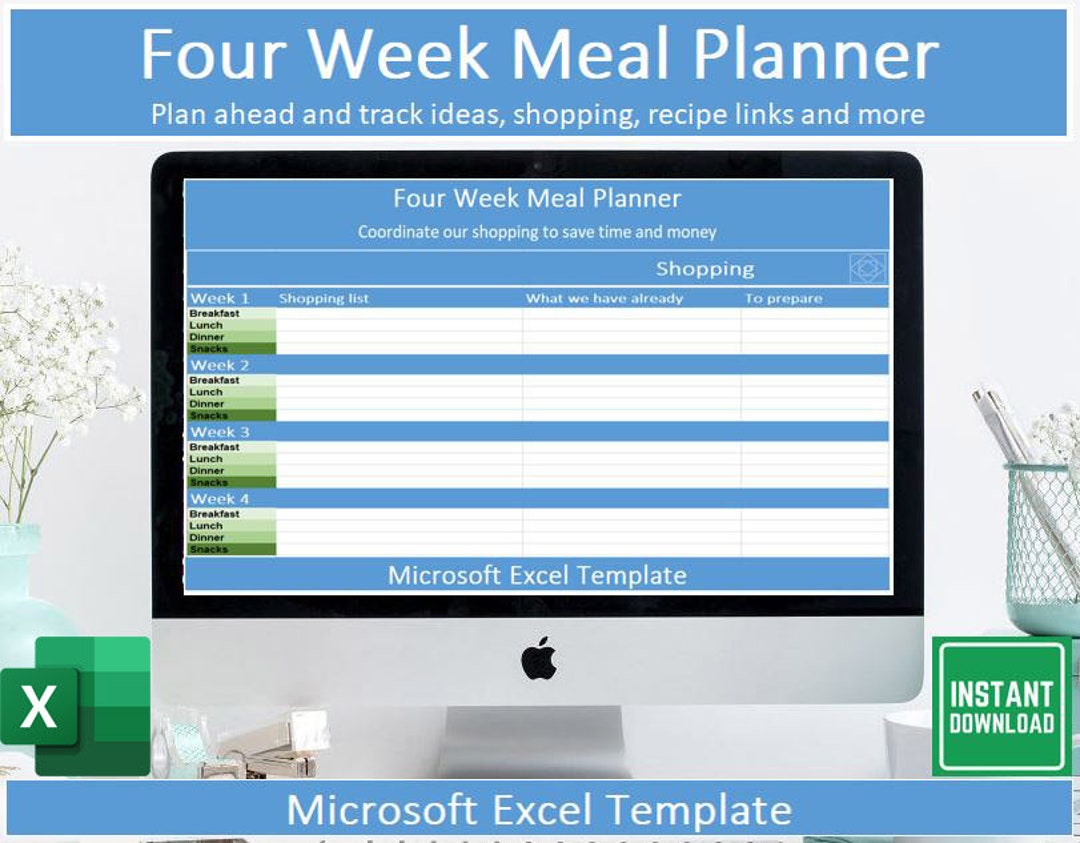 Four Week Meal Planner Template I Meal Preparation Tool I Microsoft ...
