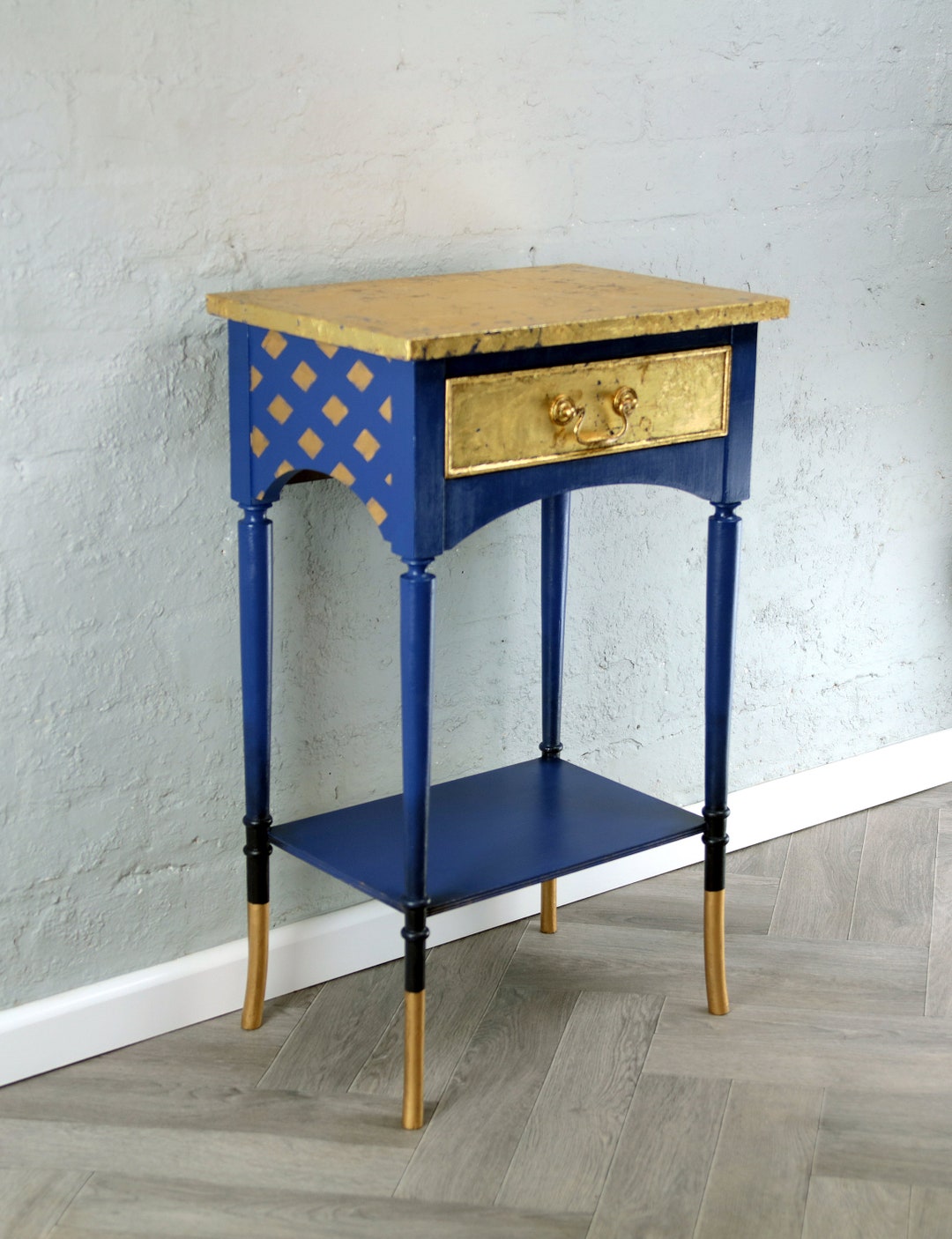 VINTAGE WOODEN TABLE, Blue Old Console Table, Royal Blue and Gold ...