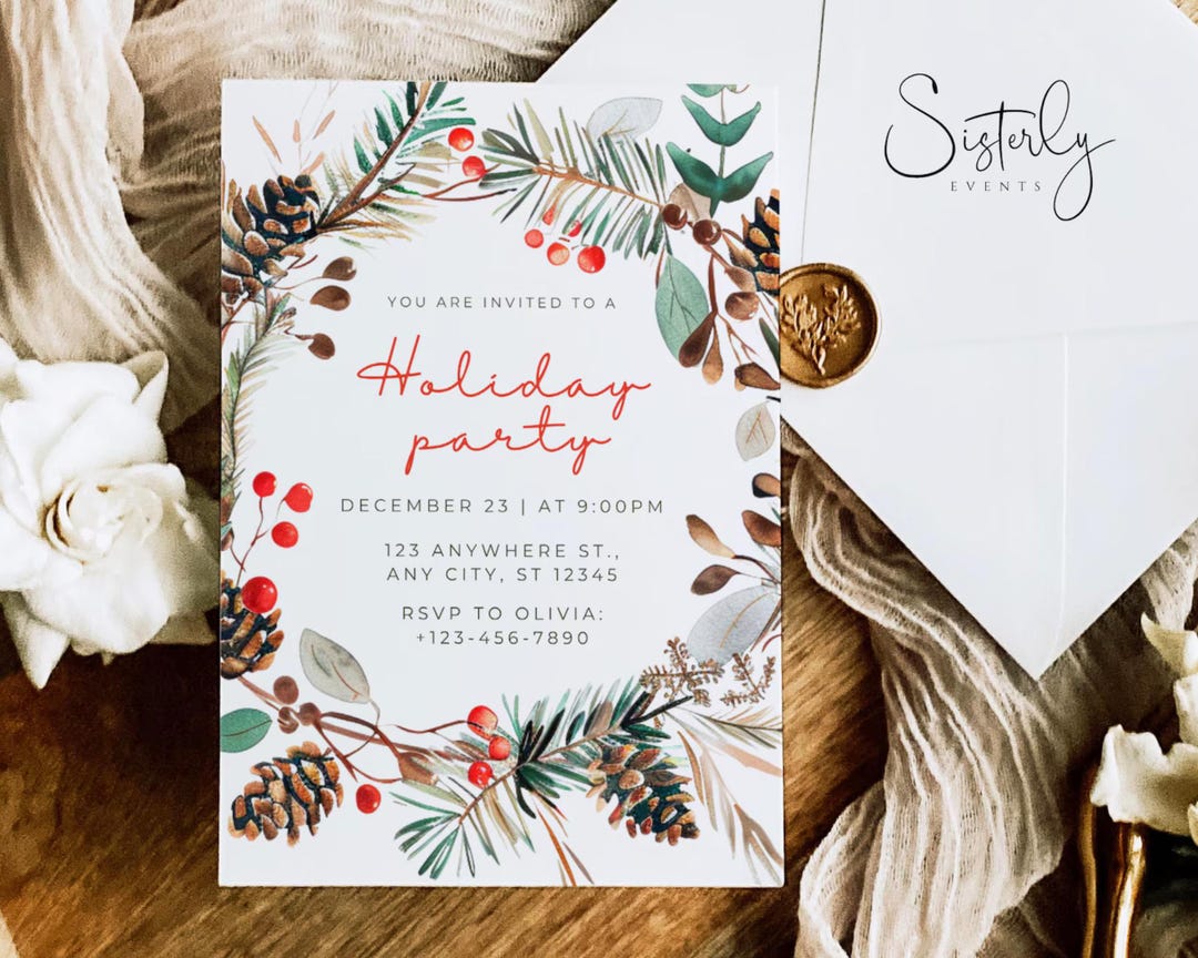 Editable Christmas Party Invitation Template, Christmas Wreath Invite ...