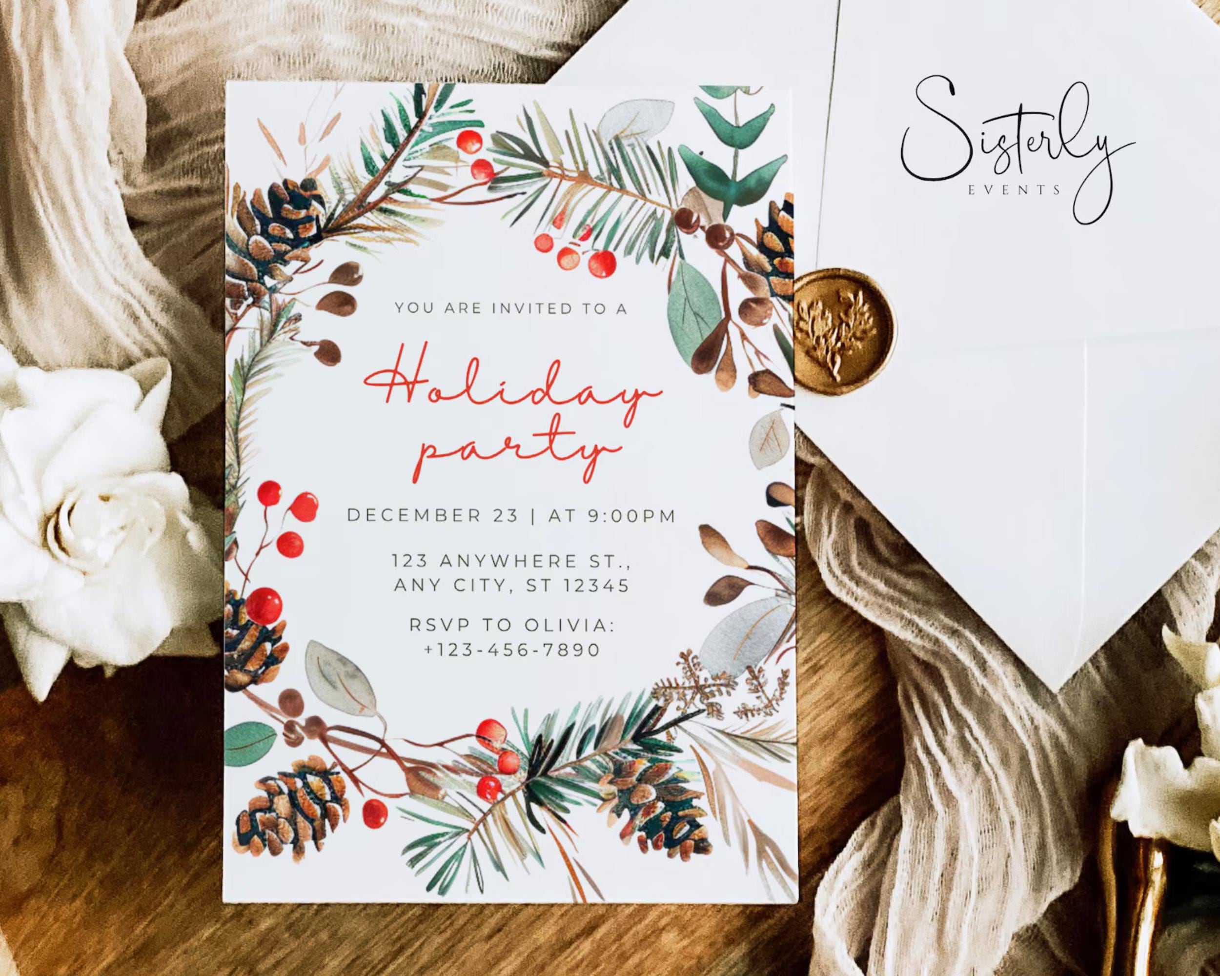 Editable Christmas Party Invitation Template, Christmas Wreath Invite ...