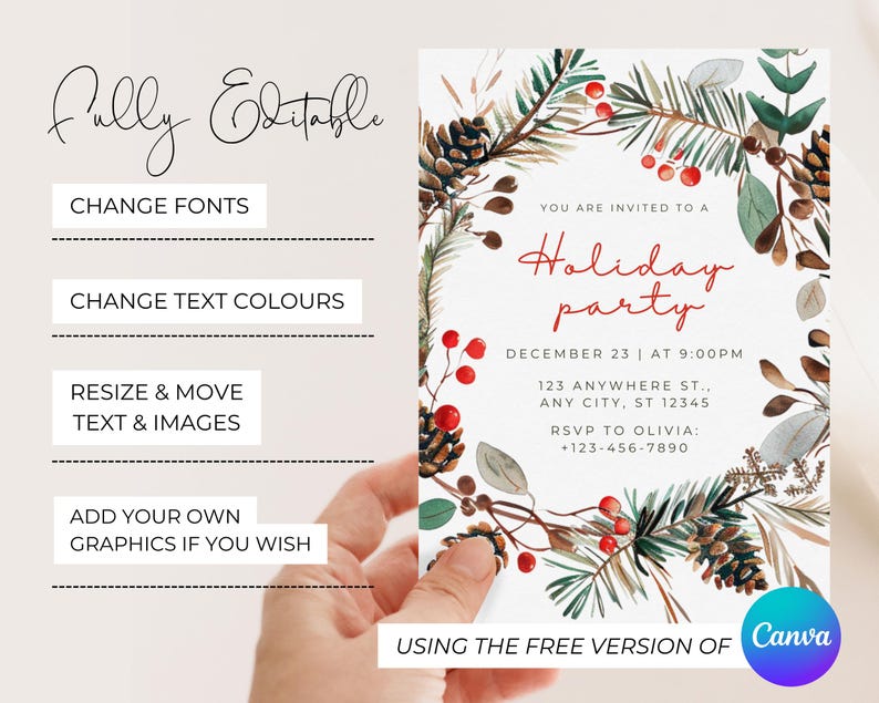 Editable Christmas Party Invitation Template, Christmas Wreath Invite ...