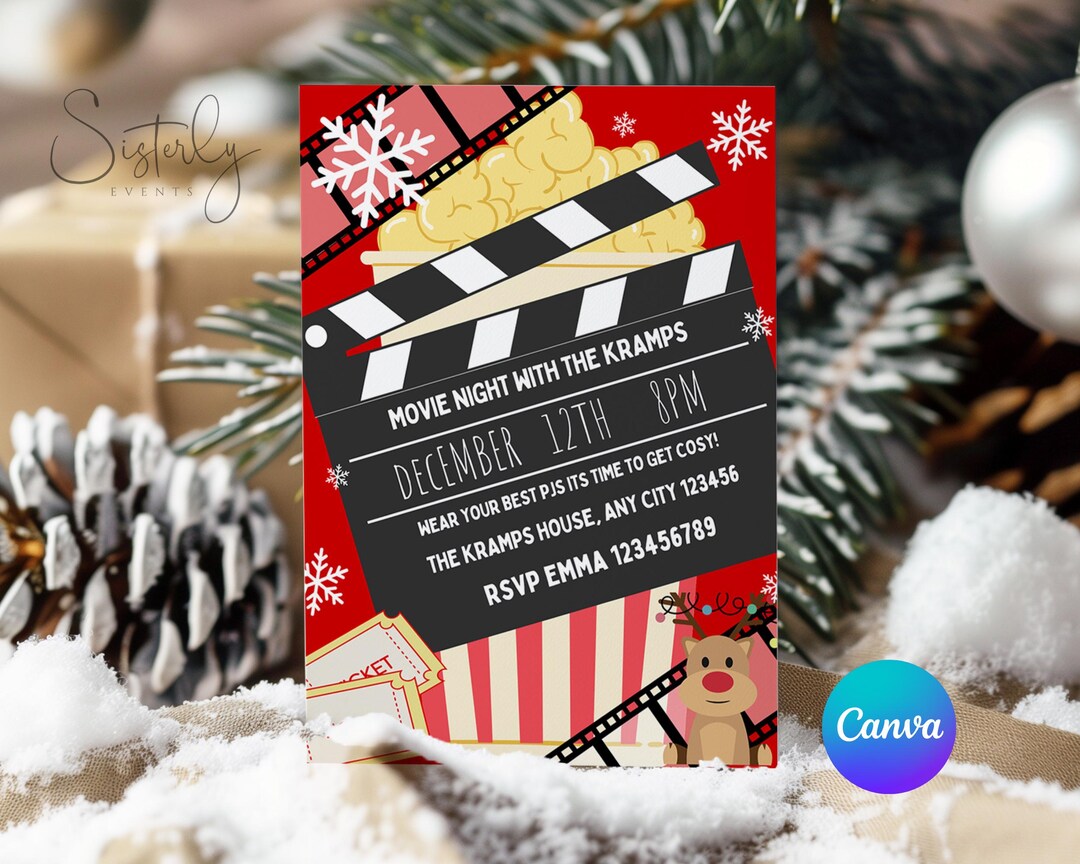 Christmas Movie Night Invitation Template, Film Night, Movie Party ...