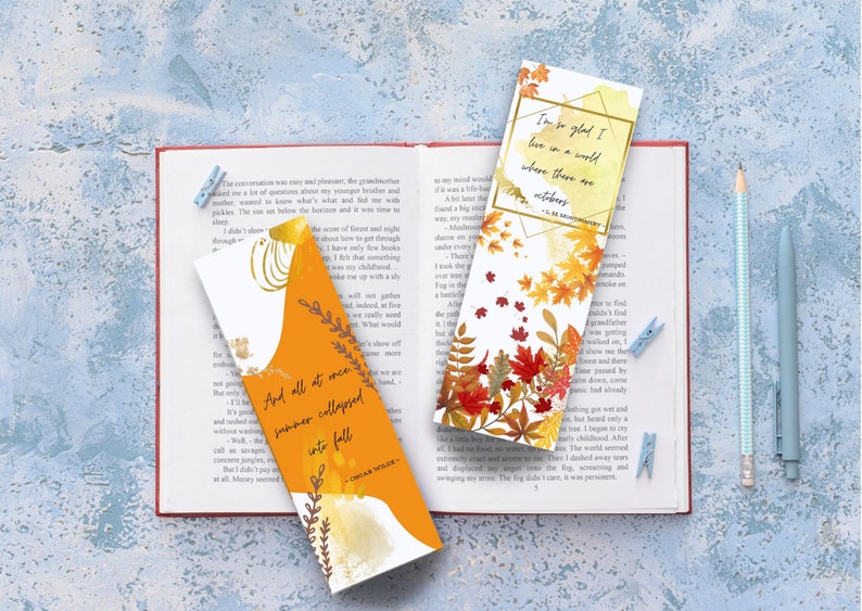 Printable Bookmark Set 4 Pieces Autumn Vibes Bookmarks Quote Bookmark ...