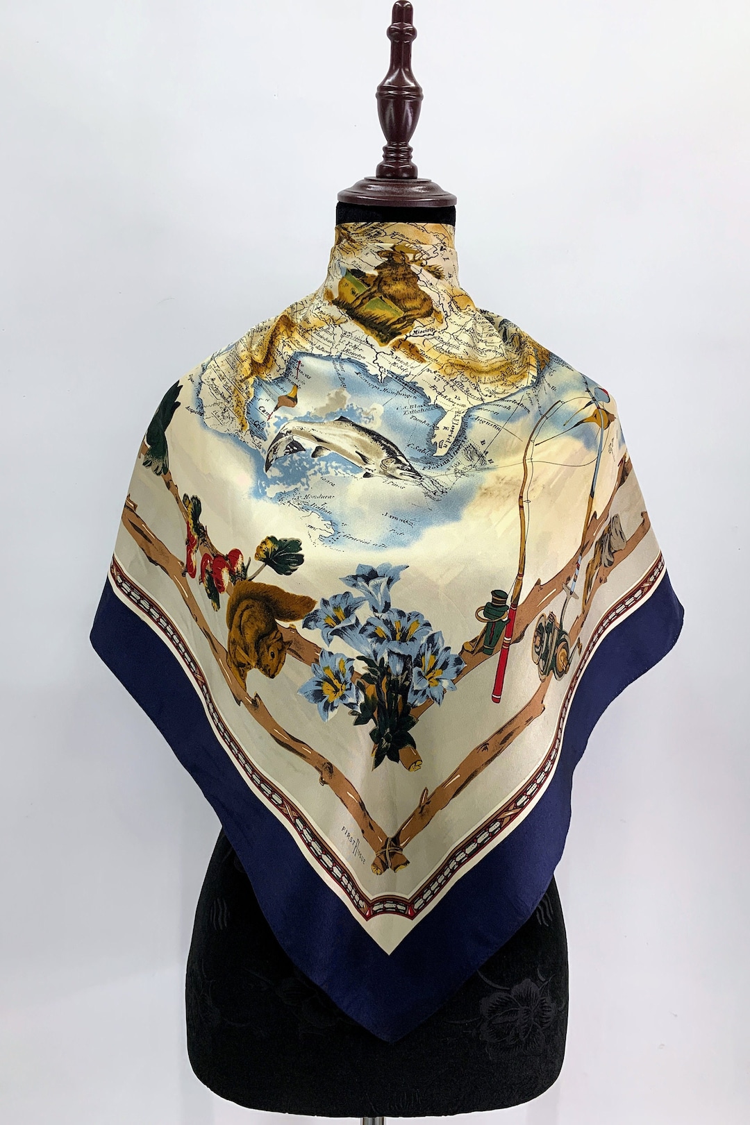 Vintage Scarf Map Ocean Silk Scarf Vintage Shawl Japanese Square Scarf ...