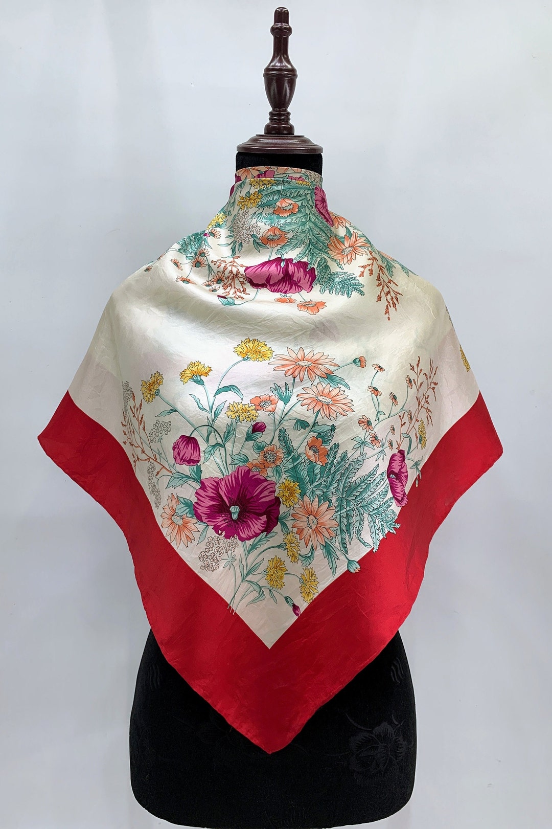 Vintage Full Flowers Silk Scarf Shawl Flowers Square Scarf Neckwear ...