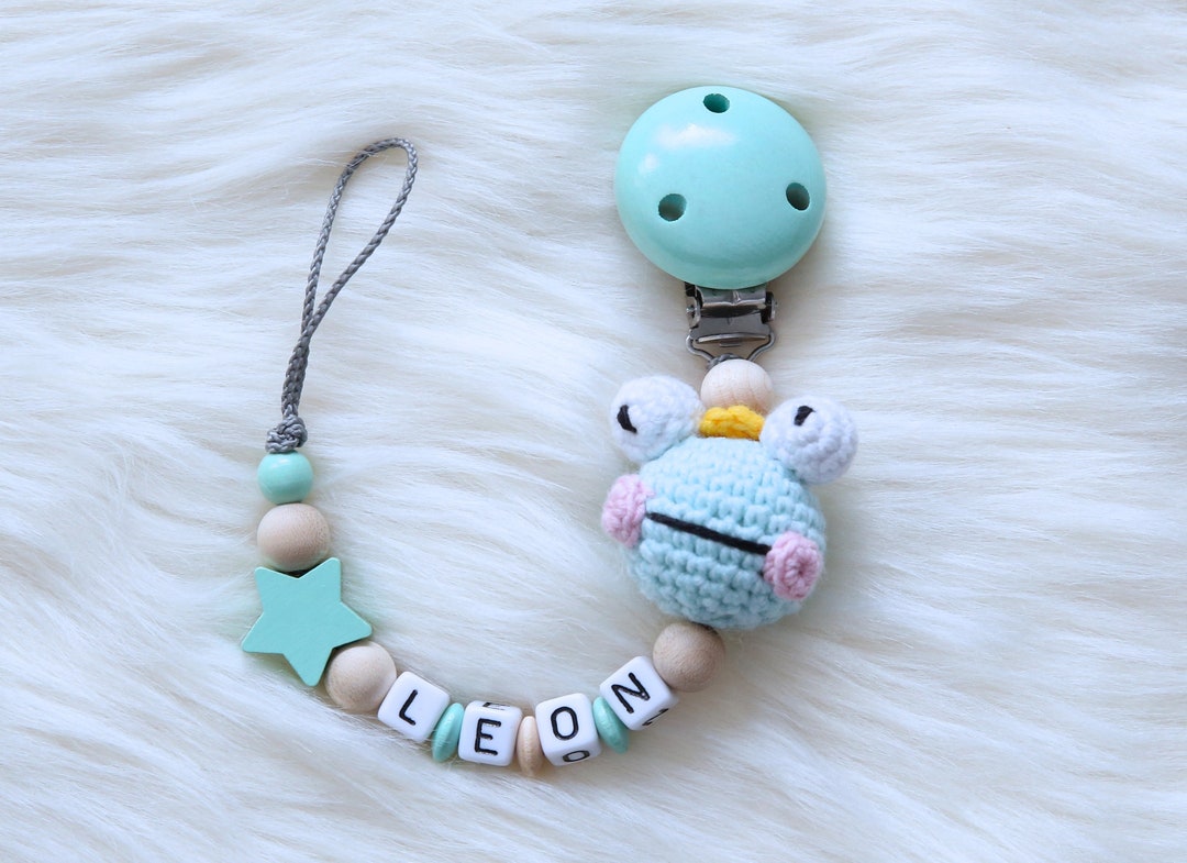 Pacifier Chain With Name Boy Amigurumi Frog Mint Wood White - Etsy
