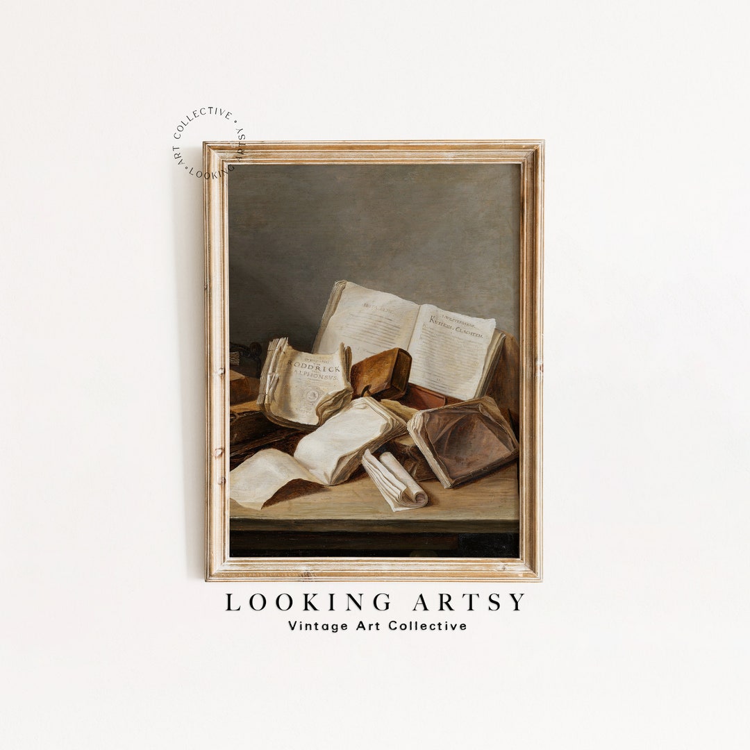 Still Life of Books Vintage Academic Painting Library Artwork ...