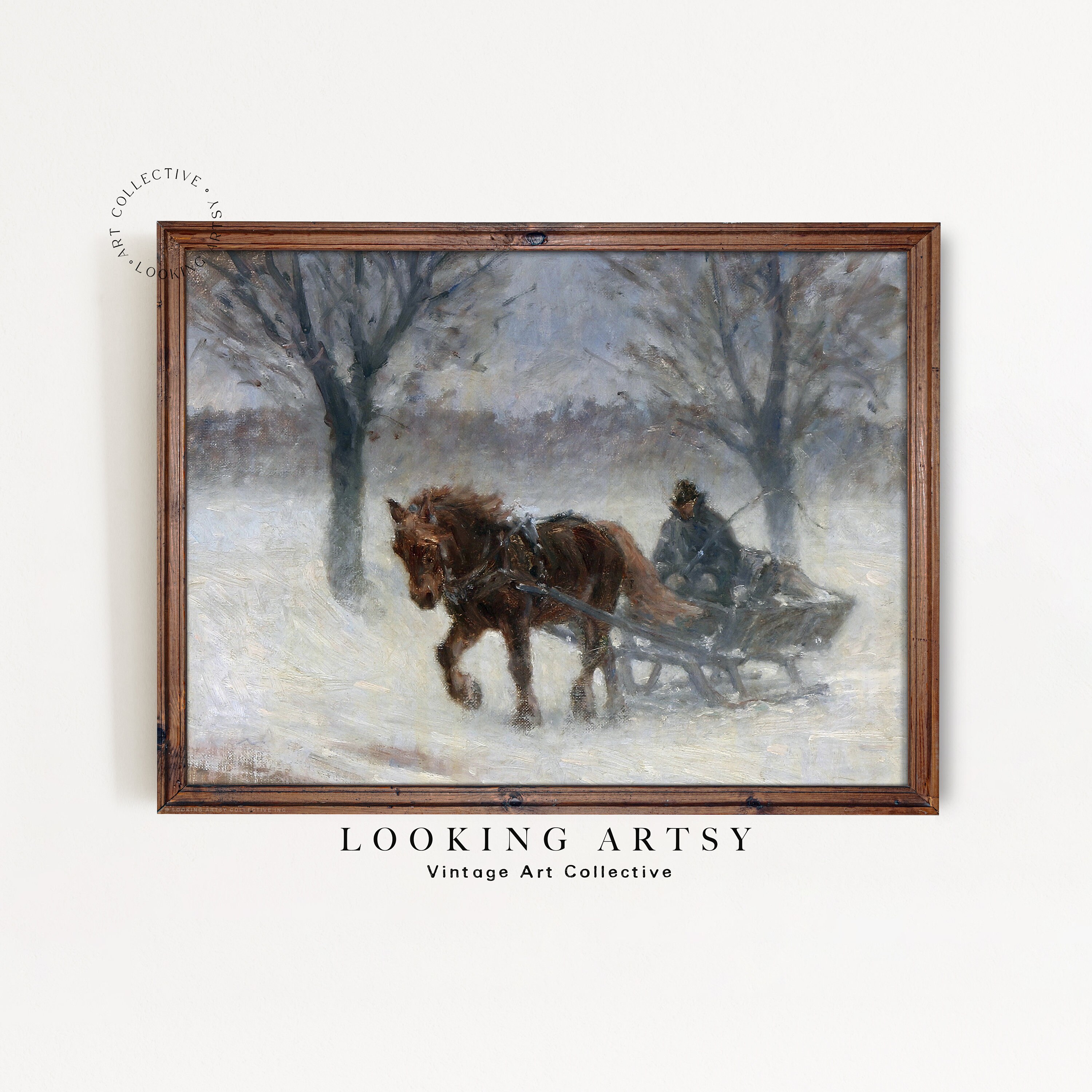 Country Winter Sleigh Ride Painting Vintage Holiday Farmhouse Wall Art ...