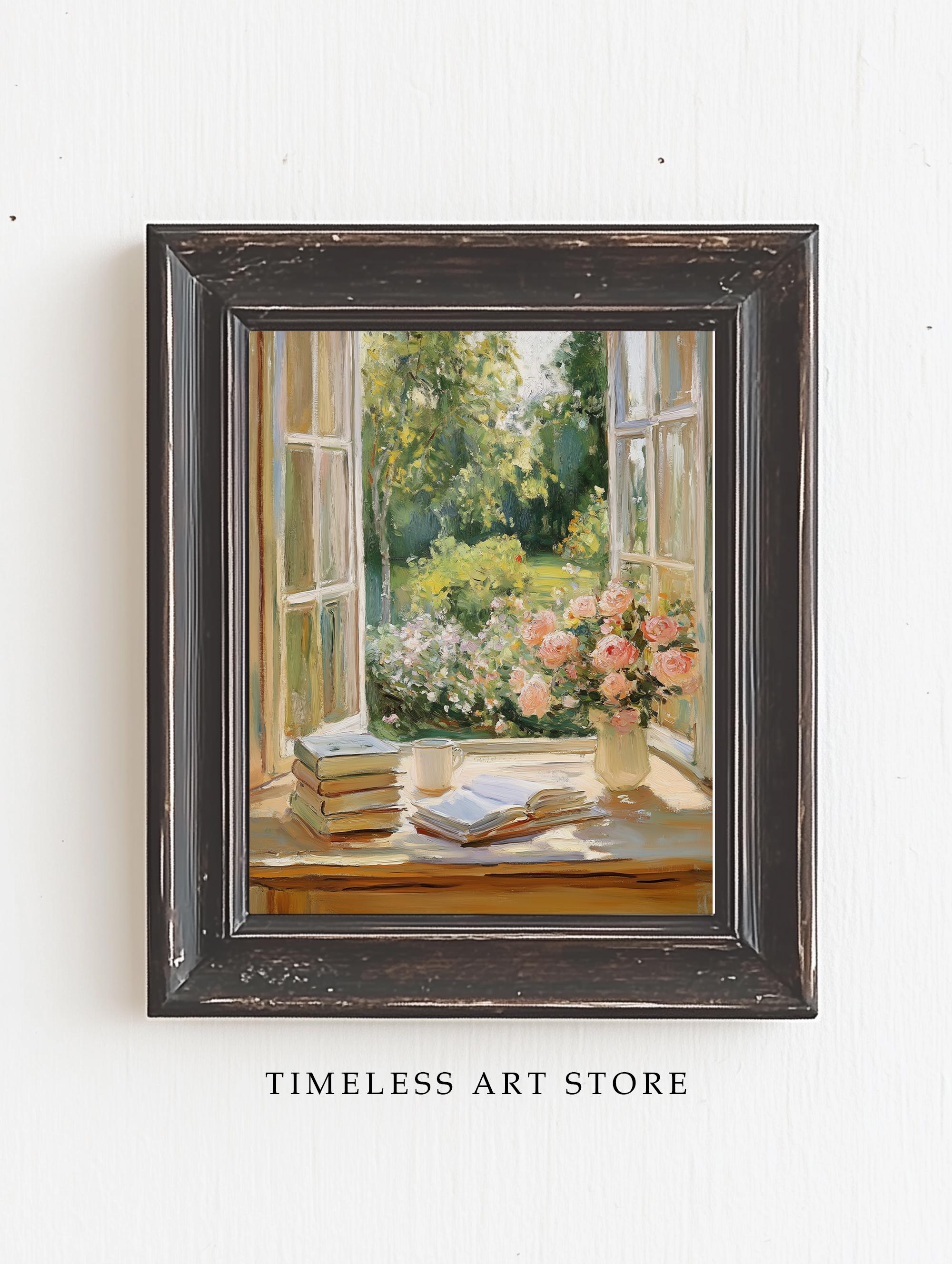 Vintage Open Window With Roses | Rustic Pastel Interior Art | Cozy ...