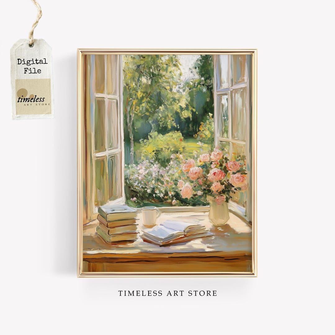 Vintage Open Window With Roses | Rustic Pastel Interior Art | Cozy ...