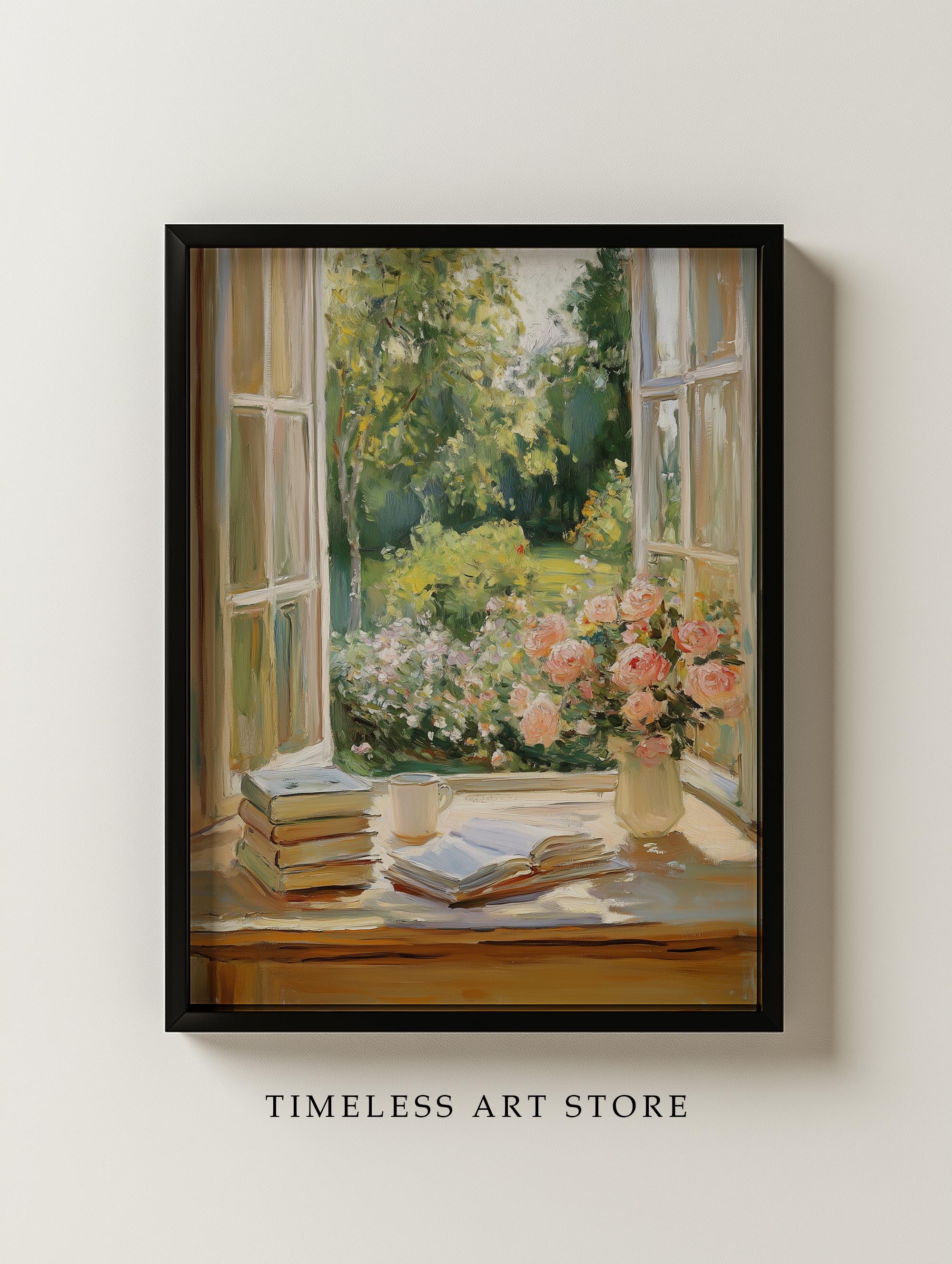 Vintage Open Window With Roses | Rustic Pastel Interior Art | Cozy ...