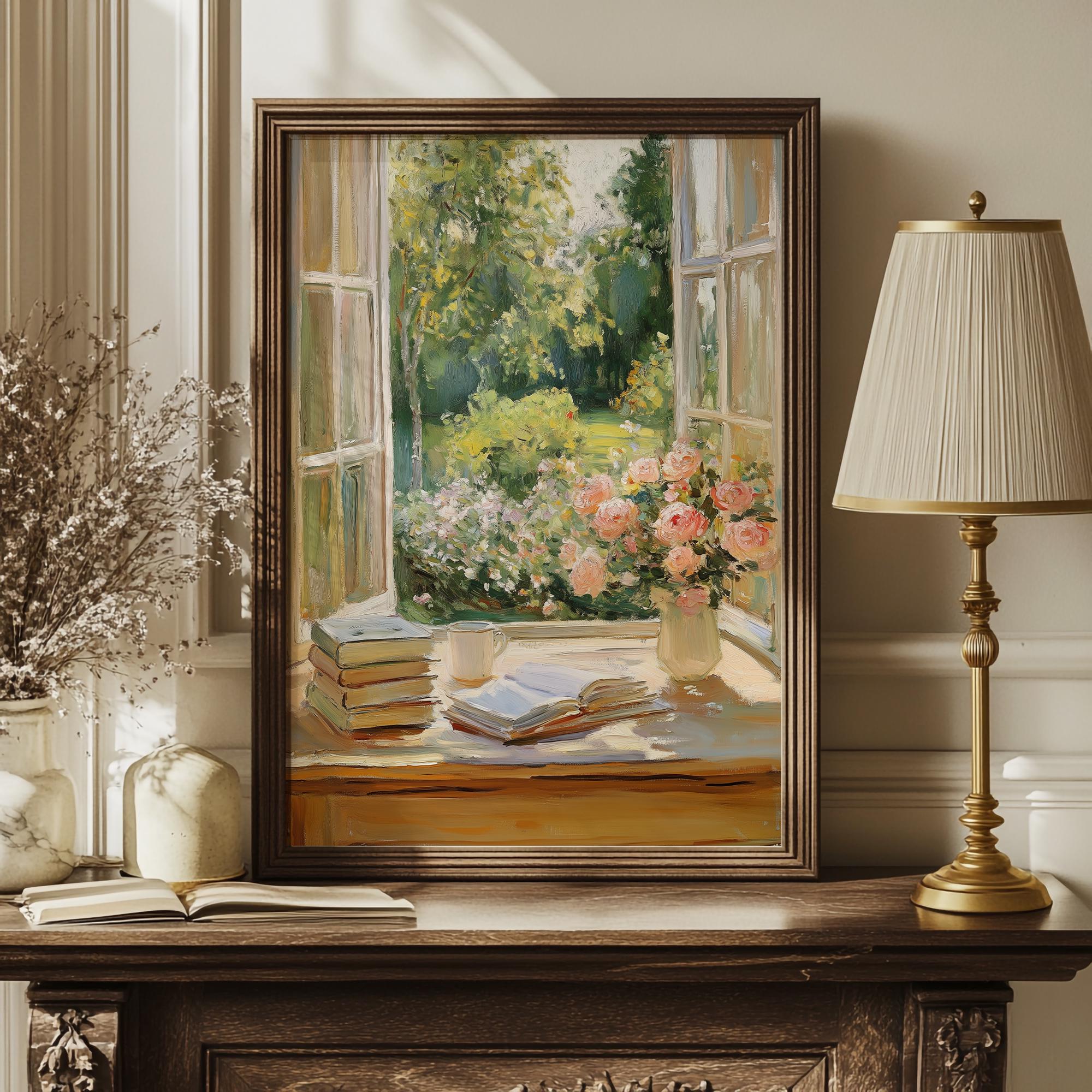 Vintage Open Window With Roses | Rustic Pastel Interior Art | Cozy ...