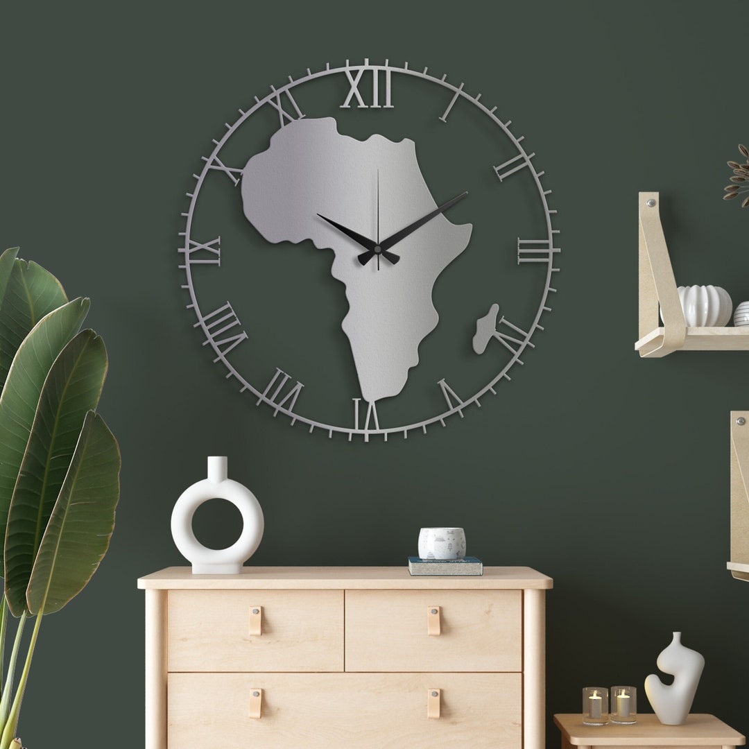 Silver Africa Map Clock Africa Metal Wall Clock With Color - Etsy