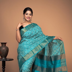 Handcrafted Firozi Color Saree for Women Party Wear Tussar Silk Saree ...