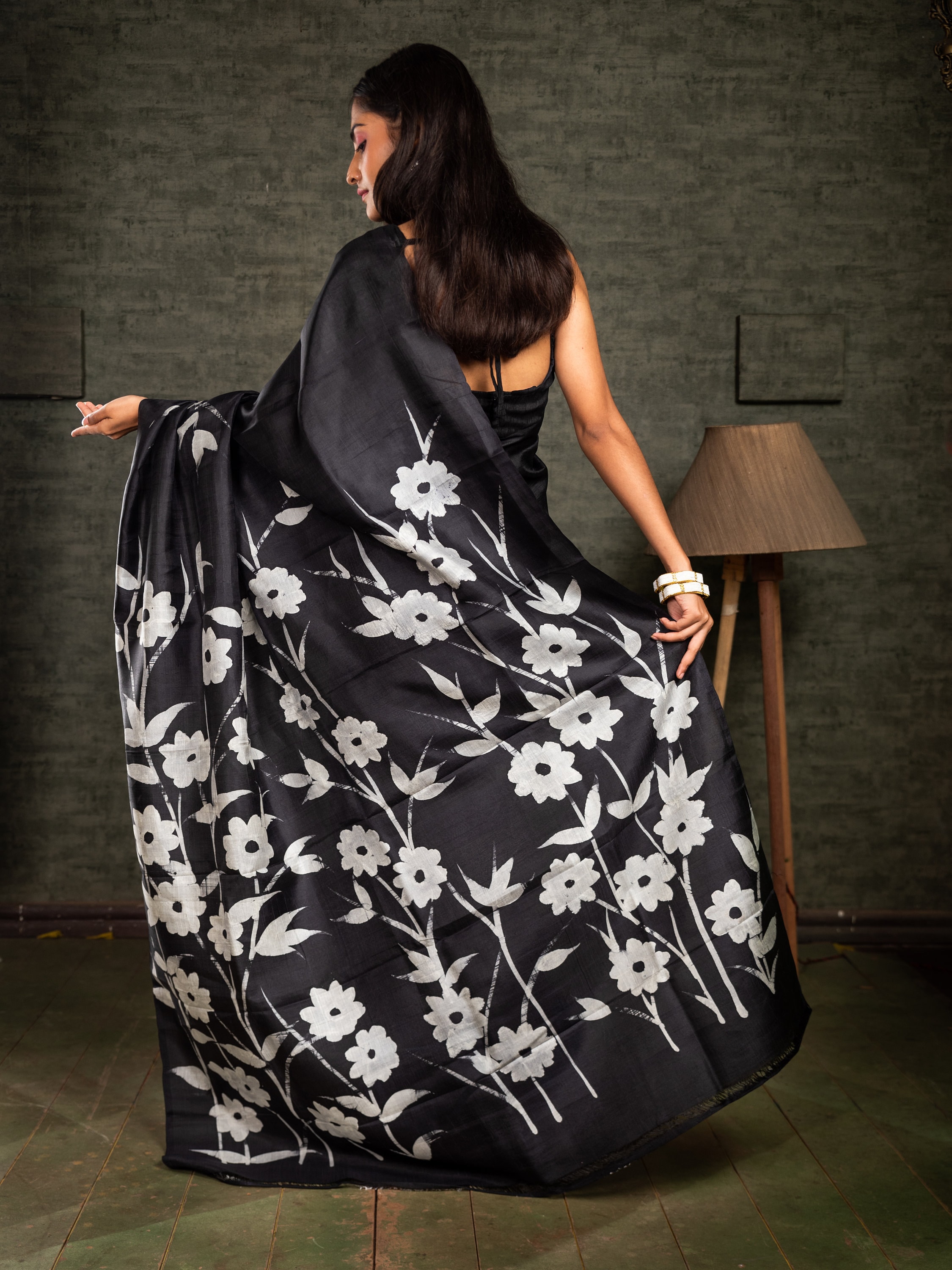 Hand Painted Black Silk Saree in Floral Design an Elegant Saree for ...