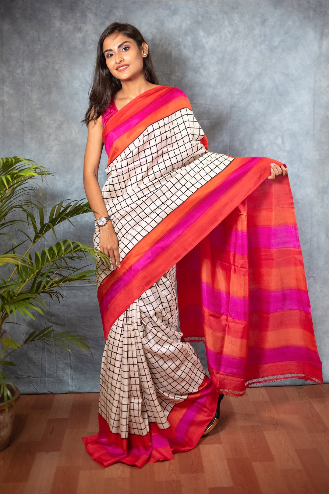 Hand Block Printed Check Mulberry Silk Saree: Elegant Ethnic Wear - Etsy