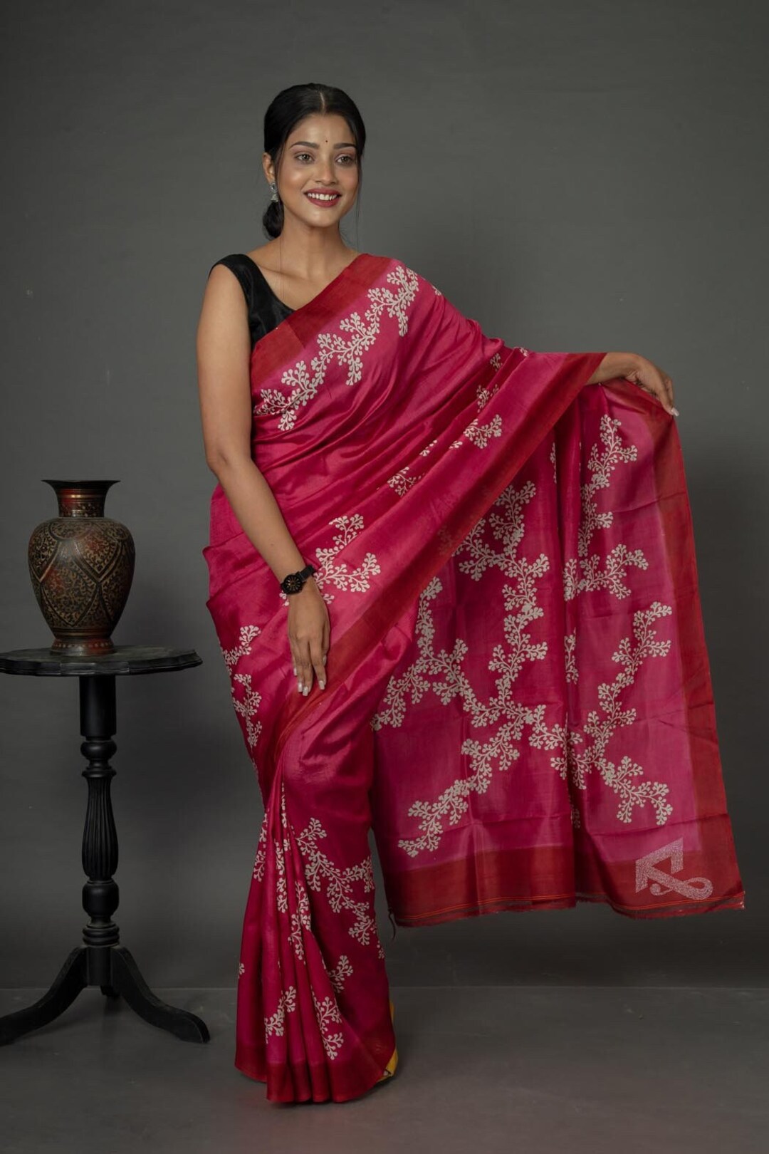 Deep Pink Mulberry Silk Saree: Hand Block Floral Print - Etsy