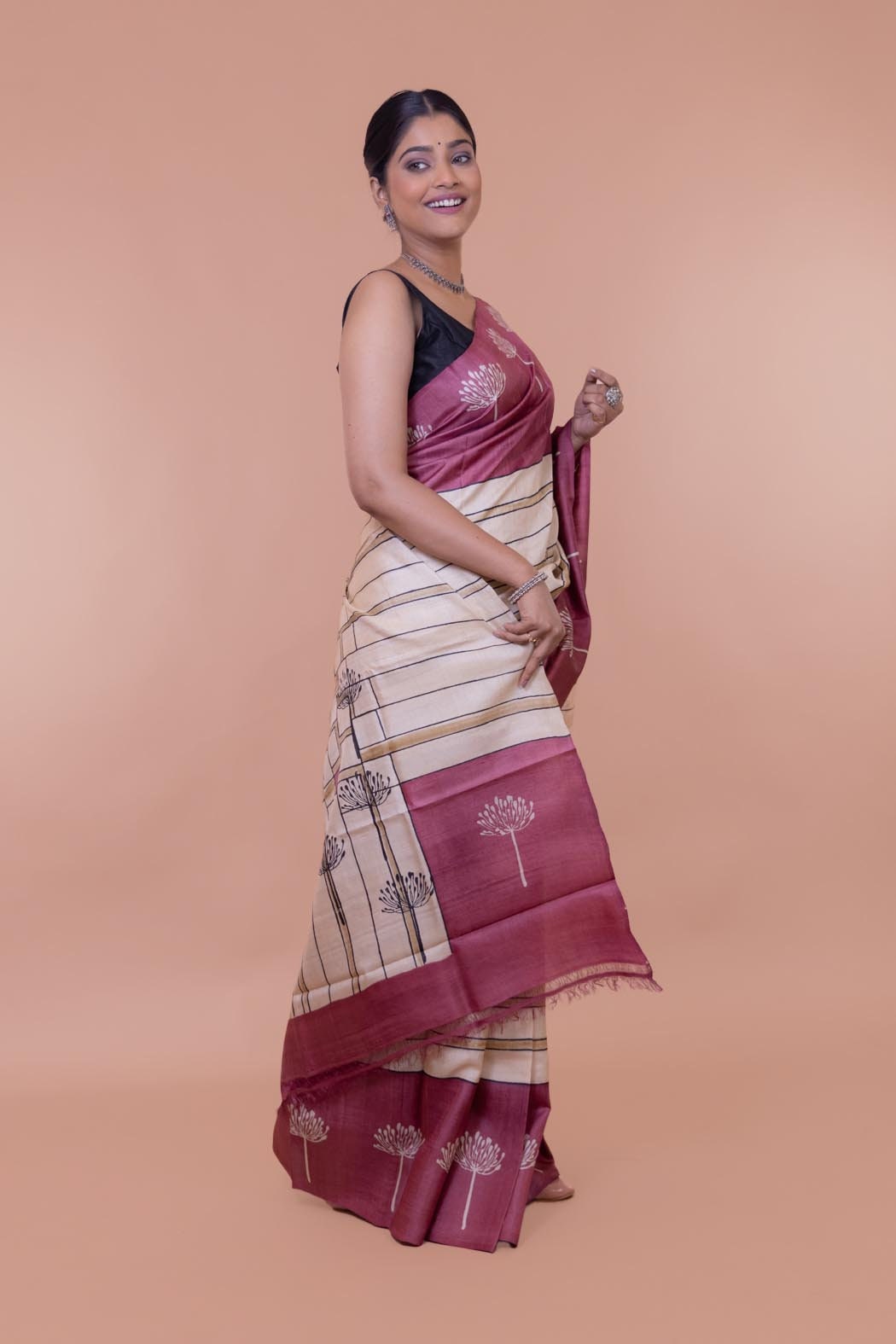 Mauve Saree With Floral Motifs Handwoven Tussar Block Print Saree Silk ...