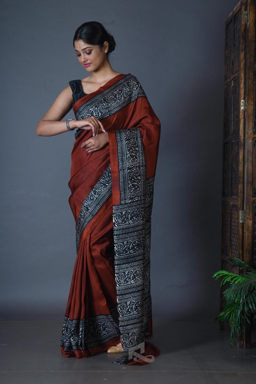 Rust Colour Saree With Black Border Pure Mulberry Silk - Etsy