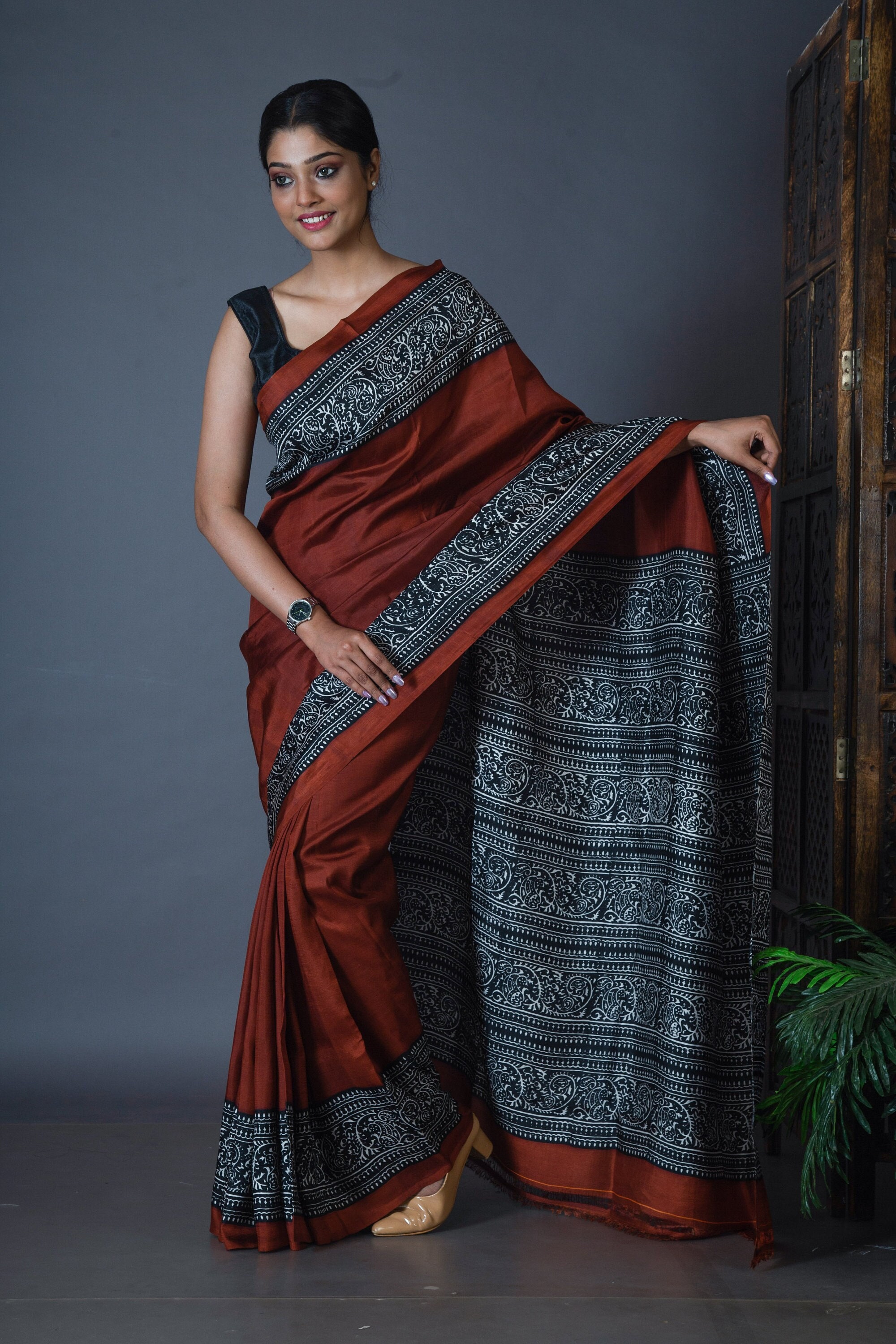 Rust Colour Saree With Black Border Pure Mulberry Silk - Etsy