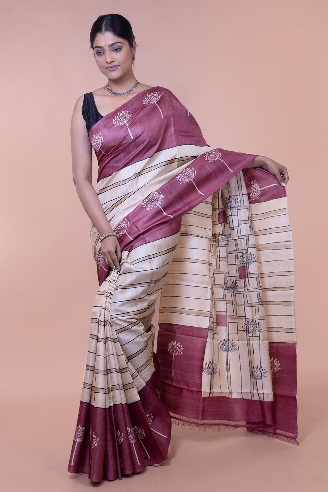 Mauve Saree With Floral Motifs Handwoven Tussar Block Print Saree Silk ...