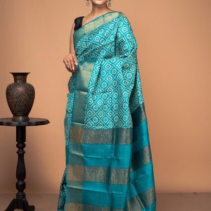 Handcrafted Firozi Color Saree for Women Party Wear Tussar Silk Saree ...