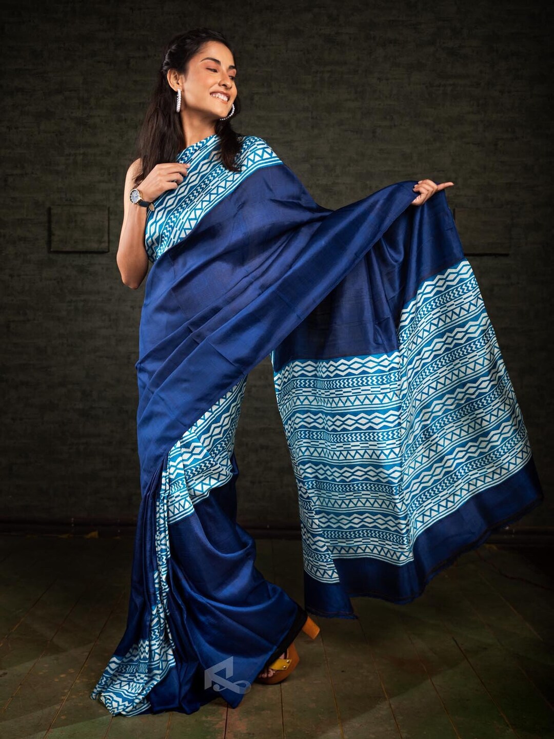 Royal Blue Silk Saree: Indian Block Print Party Wear - Etsy