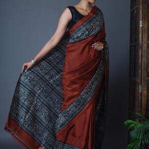 Rust Colour Saree With Black Border | Pure Mulberry Silk | Black Blouse ...
