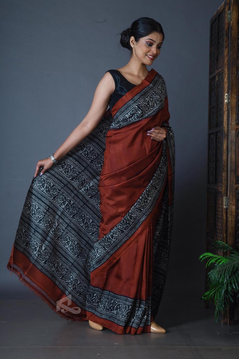Rust Colour Saree With Black Border Pure Mulberry Silk Black Blouse ...