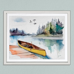 Canoe Watercolor Print, Lake Scenery Wall Art, Minimalist Kayaking ...