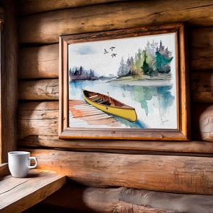 Canoe Watercolor Print, Lake Scenery Wall Art, Minimalist Kayaking ...