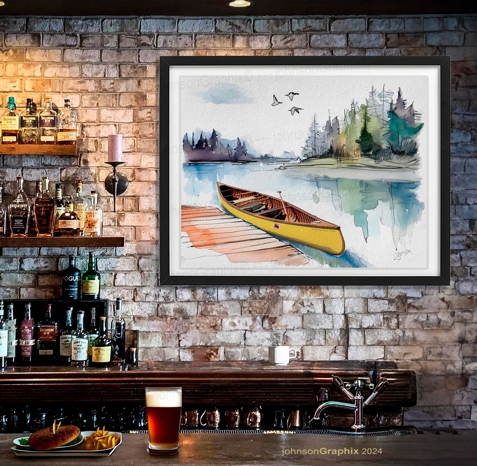 Canoe Watercolor Print, Lake Scenery Wall Art, Minimalist Kayaking ...