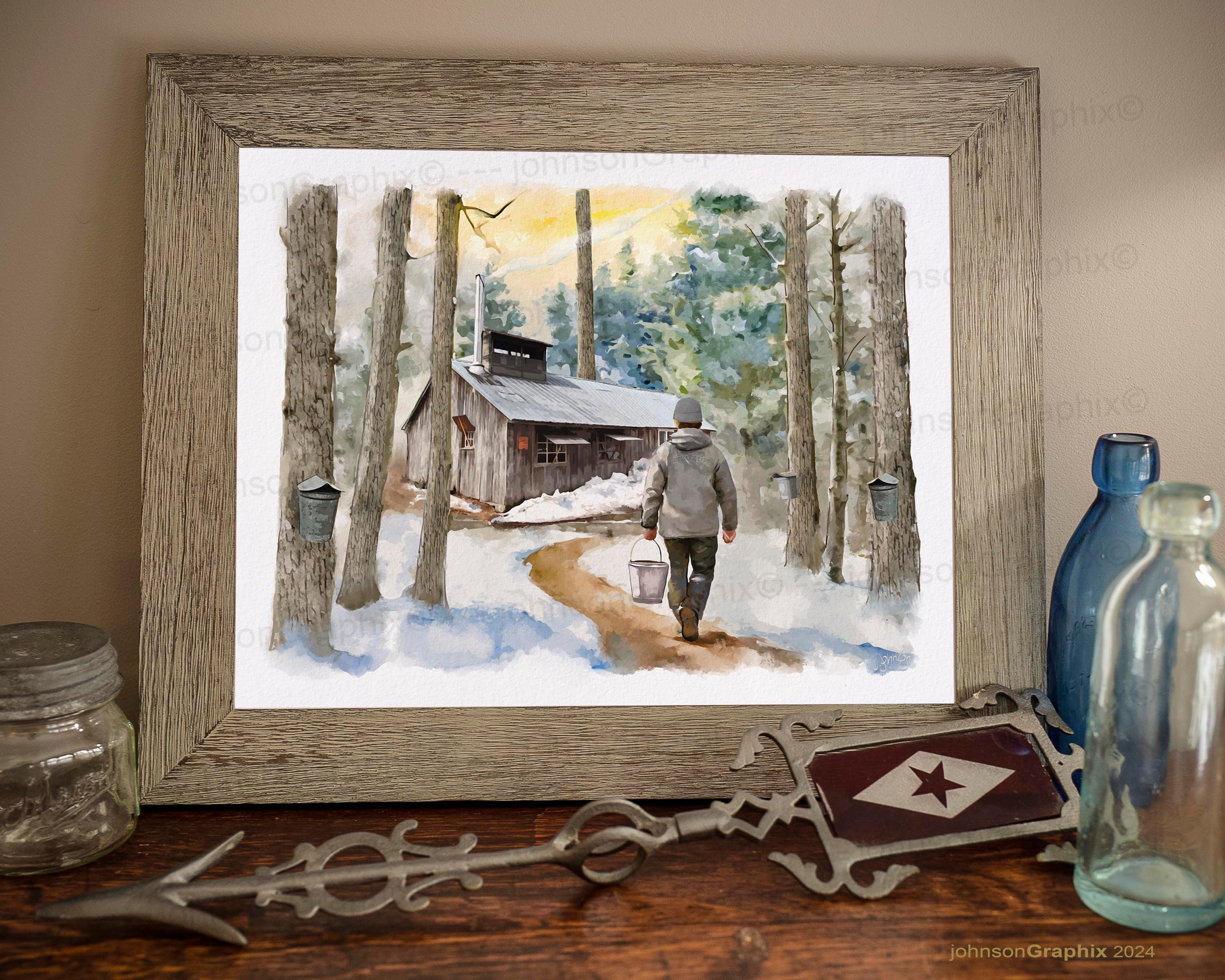 Maple Syrup Harvest Art Print: Winter Sugar Shack Watercolor Painting ...