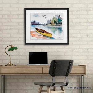 Canoe Watercolor Print, Lake Scenery Wall Art, Minimalist Kayaking ...