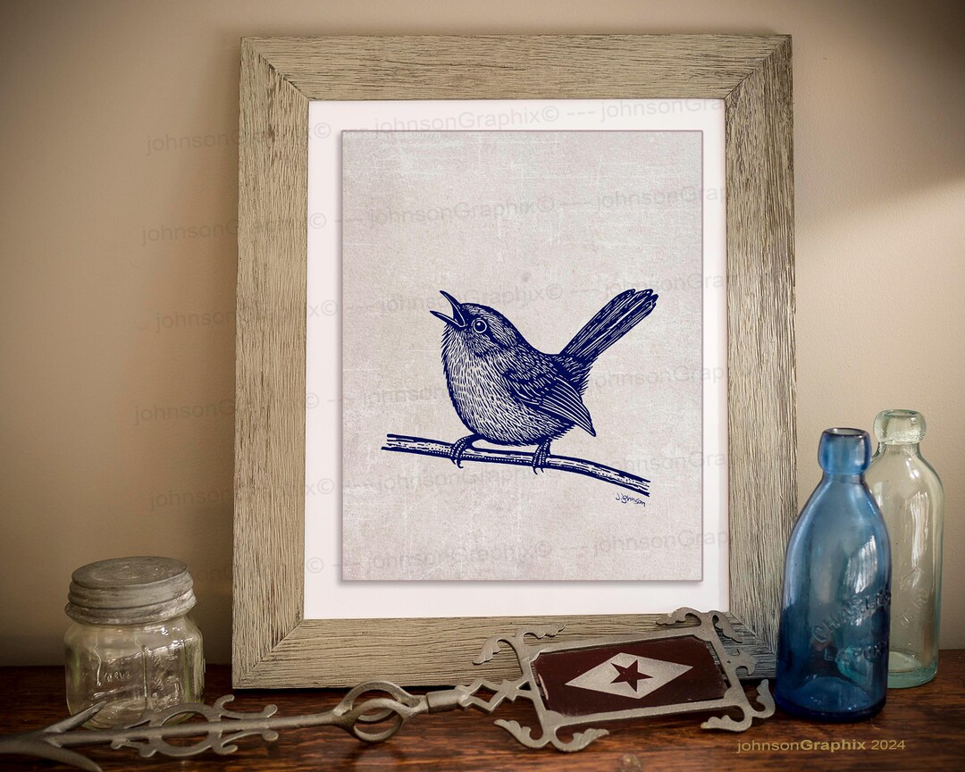 Blue Wren Print, Linocut Style Carolina Wren Art Print, Wild Bird Block ...